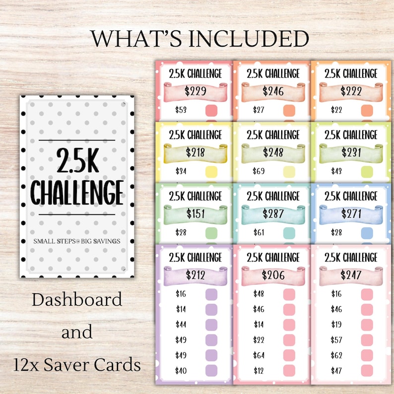 2,500 Savings Challenge | Random Amounts 12 Cards Set | Printable A6 ...