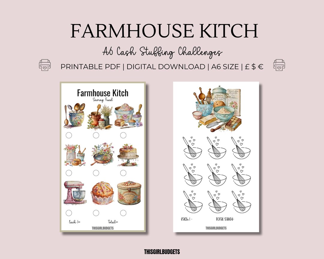 Farmhouse Kitch Challenge Printable Cash Stuffing | A6 Money Tracker ...