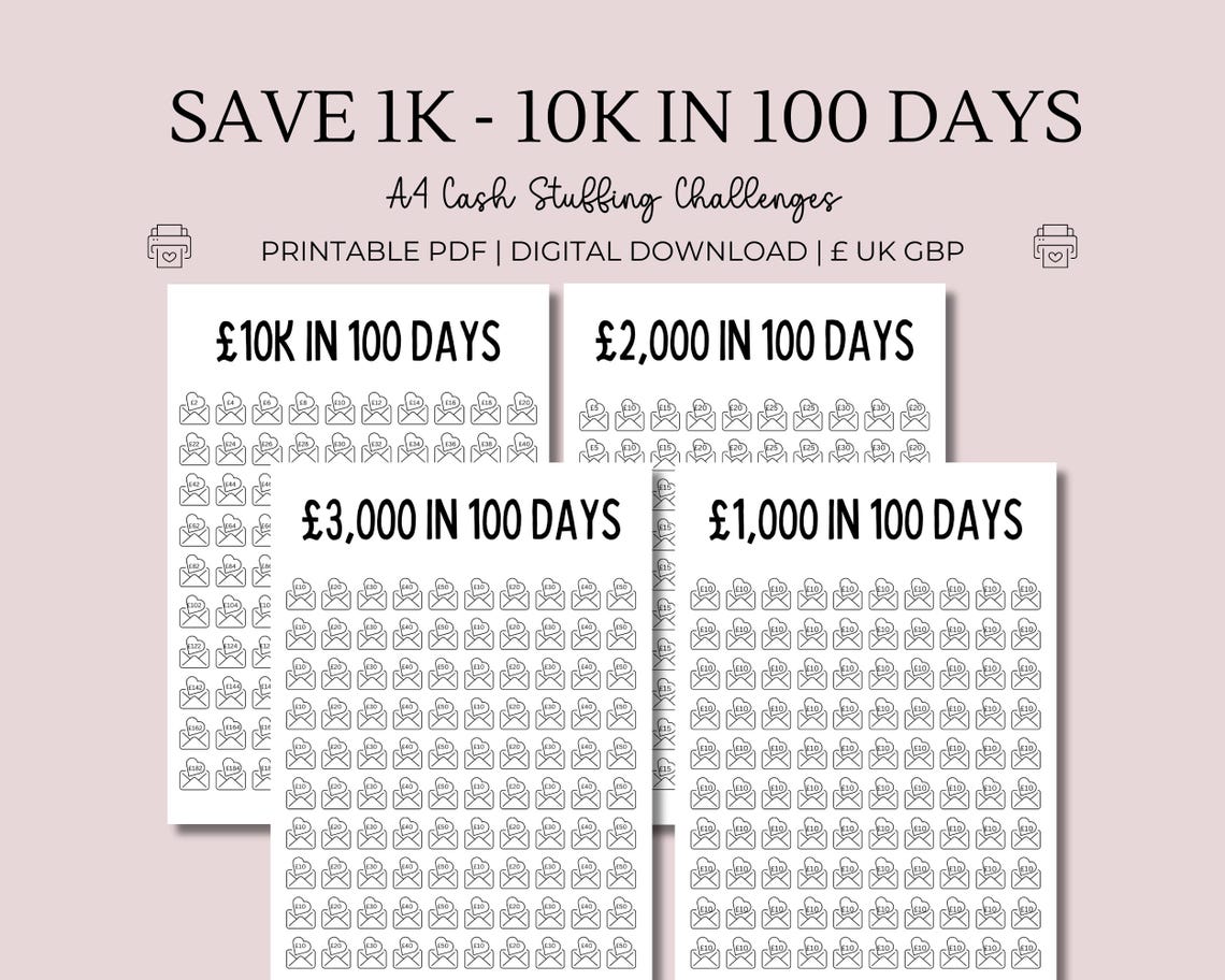 Save 1K- 10k in 100 Days Saving Challenge Bundle - A4 Printable PDF UK ...