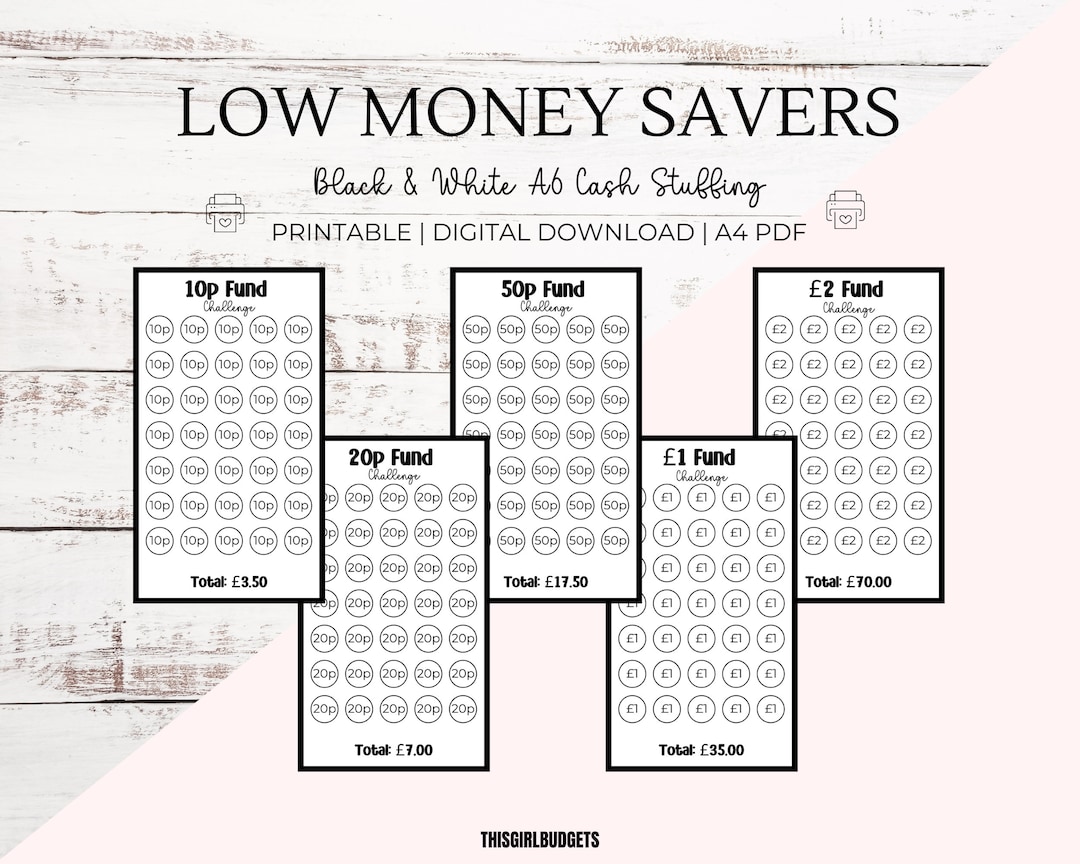 Printable Low Money Change Black & White Saving Challenge for Cash ...