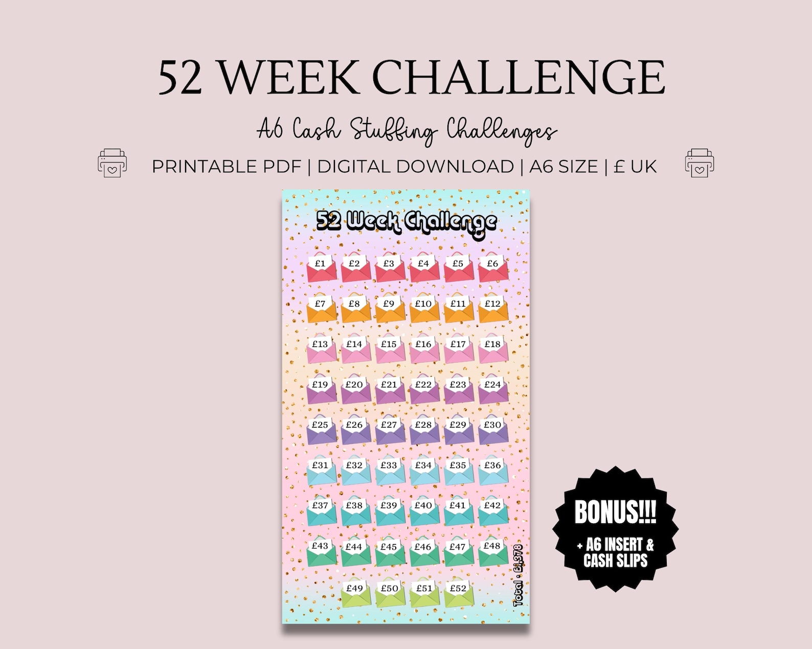 52 Week Saving Challenge - Printable A6 PDF Download Bundle, UK GBP ...