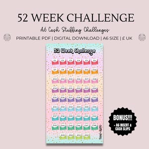 52 Week Saving Challenge - Printable A6 PDF Download Bundle, UK GBP - Budgeting Cash Stuffing ...