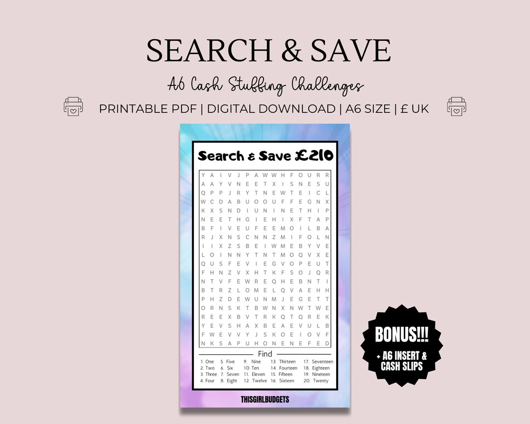 Wordsearch Money Saving Challenge - Printable A6 PDF Download Bundle ...