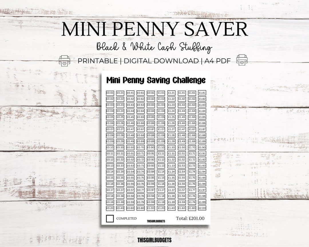 Printable Mini Penny Black & White Saving Challenge for Cash Stuffing ...