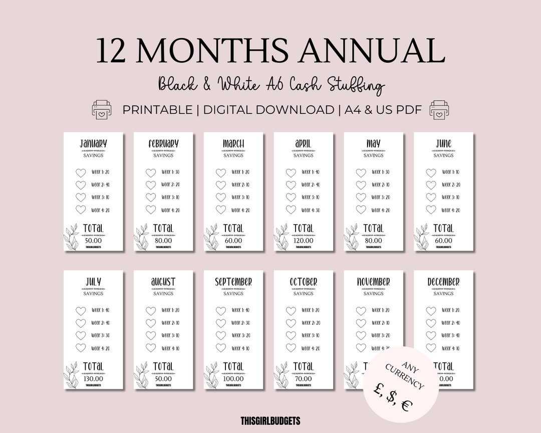Annual 12 Months Savings Challenge Printable Cash Stuffing A6 Money ...