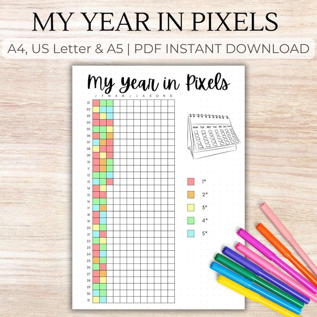 Year in Pixels Tracker PRINTABLE A4, US & A5 Journal Page, Daily Mood ...