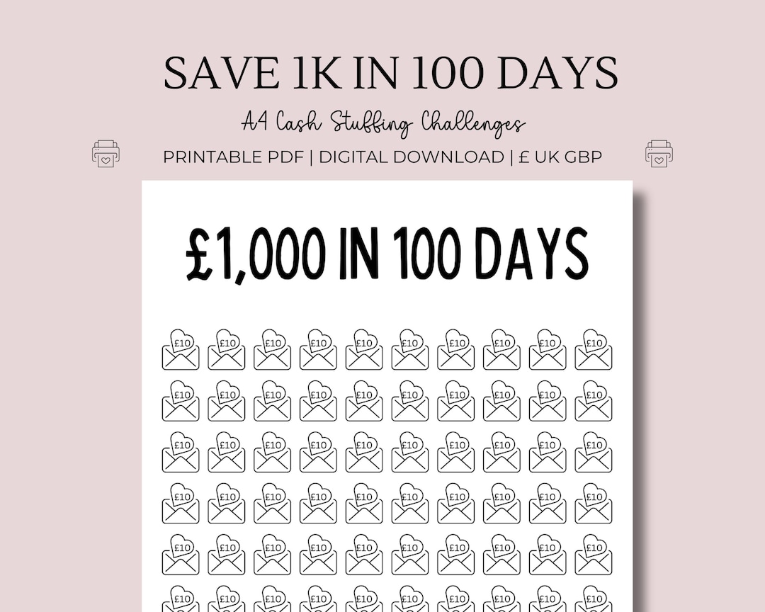 Save 1k in 100 Days Saving Challenge - A4 Printable PDF UK GBP Pounds ...