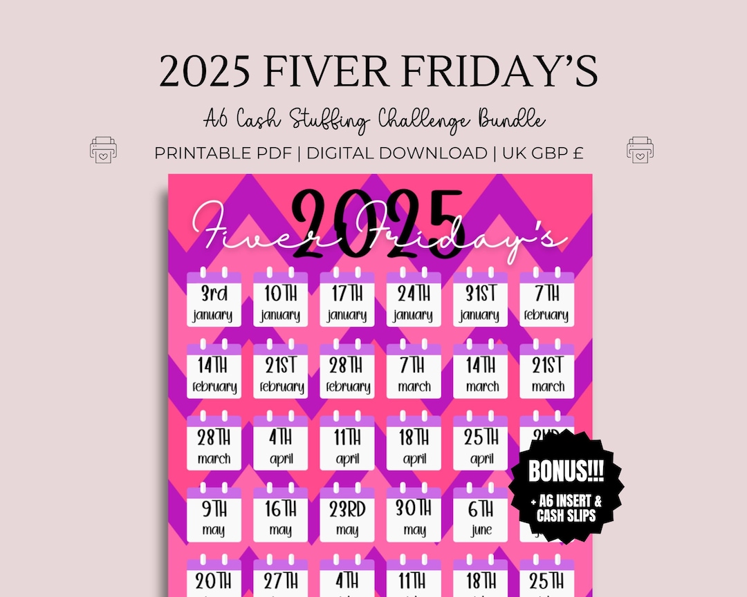 2025 Fiver Friday Saving Challenge - Printable A6 PDF Download Bundle ...