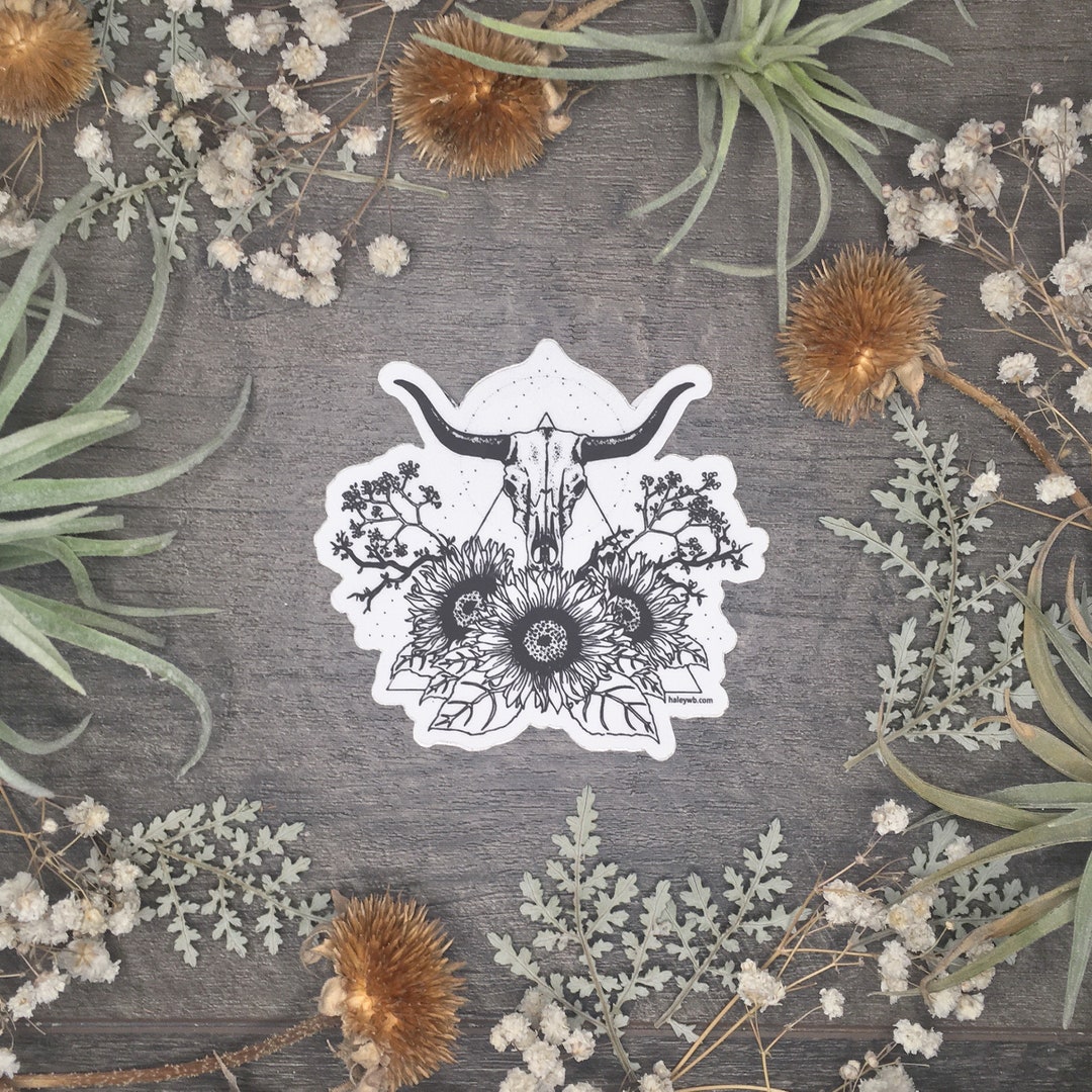 BLOOMING DESERT // Geometric Bull Skull and Sunflowers // 3" Matte ...