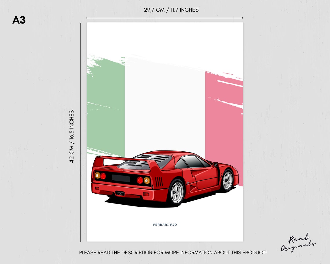 Ferrari F40 Poster | Italian Flag Poster | Red Ferrari Poster | Car ...