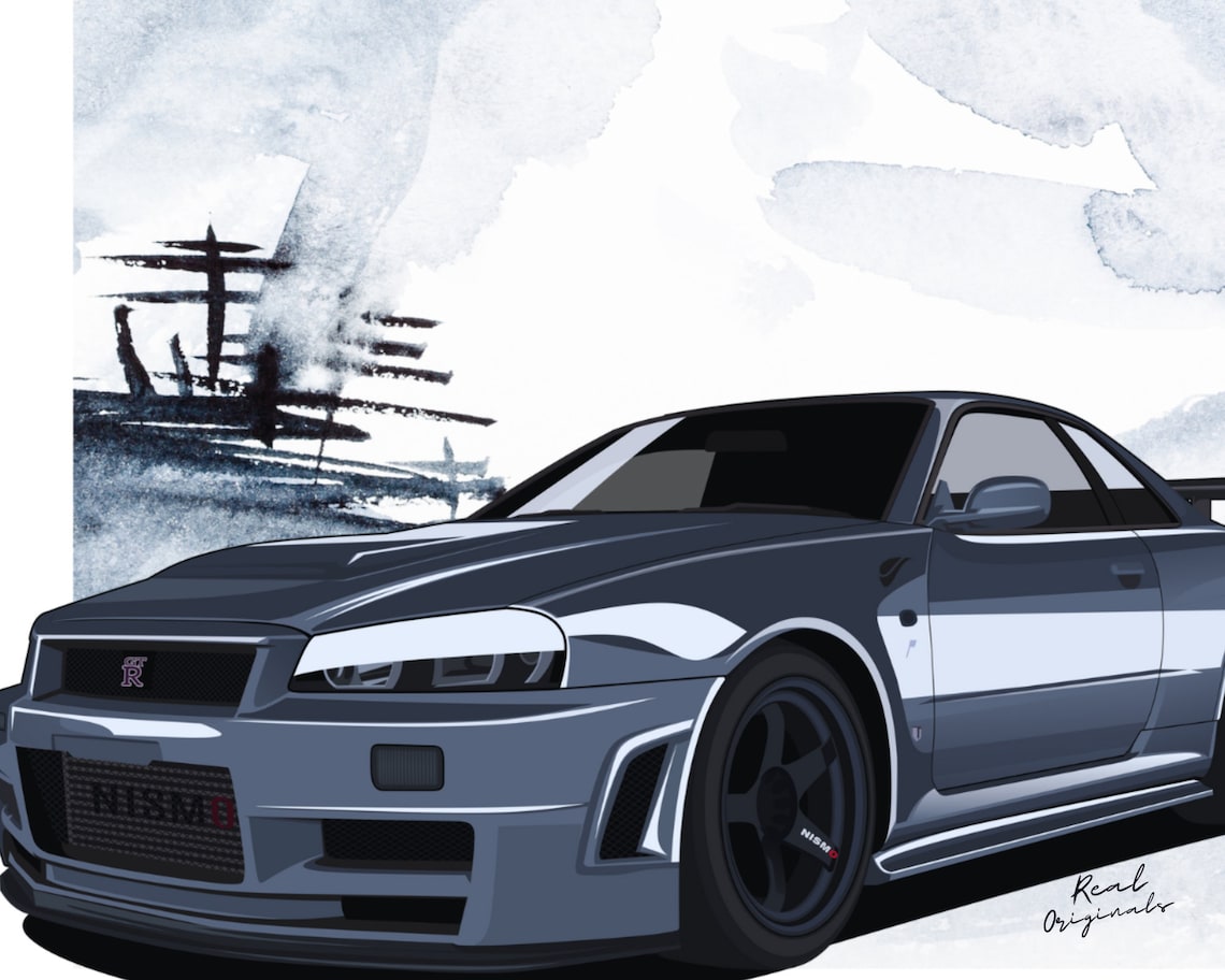 Nissan Skyline R34 Mount Fuji Art Sports Car Poster Japanese Car