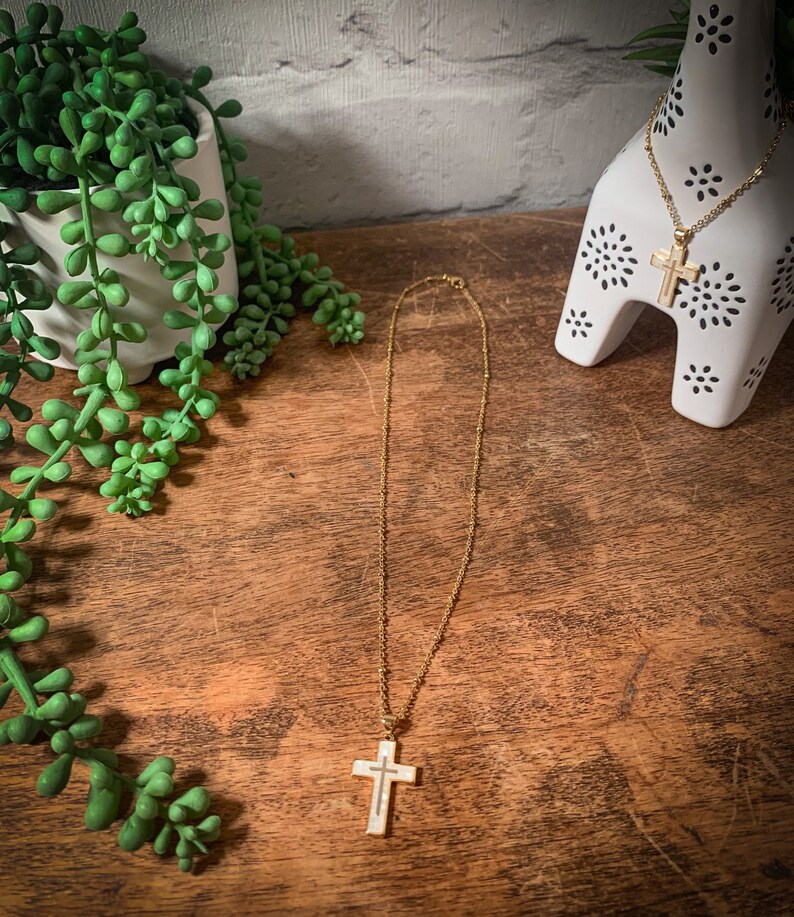 Freshwater Shell Cross Necklace: Gold Stainless Steel Satellite Chain ...