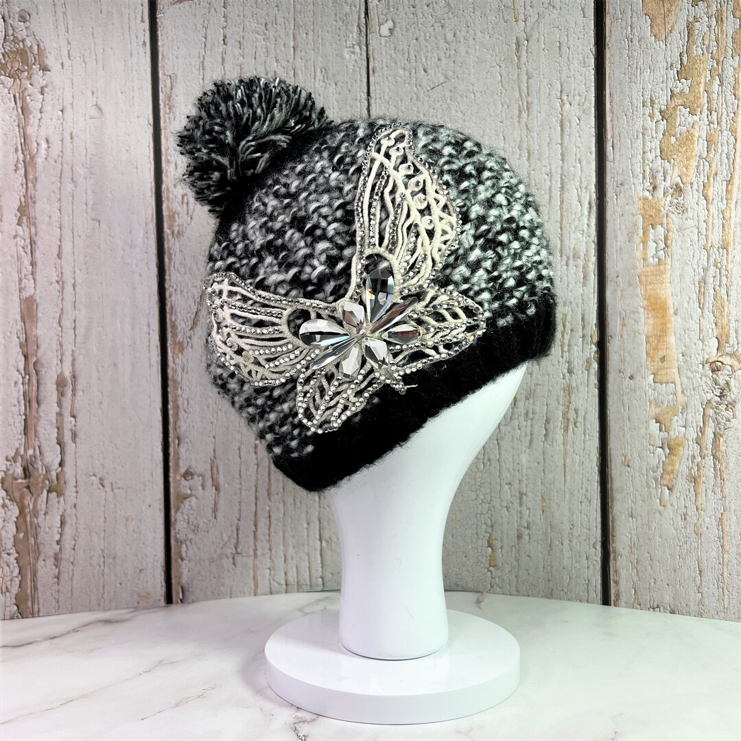 Crochet Diamante Butterfly Beanie: Chunky Knit Winter Hat - Etsy