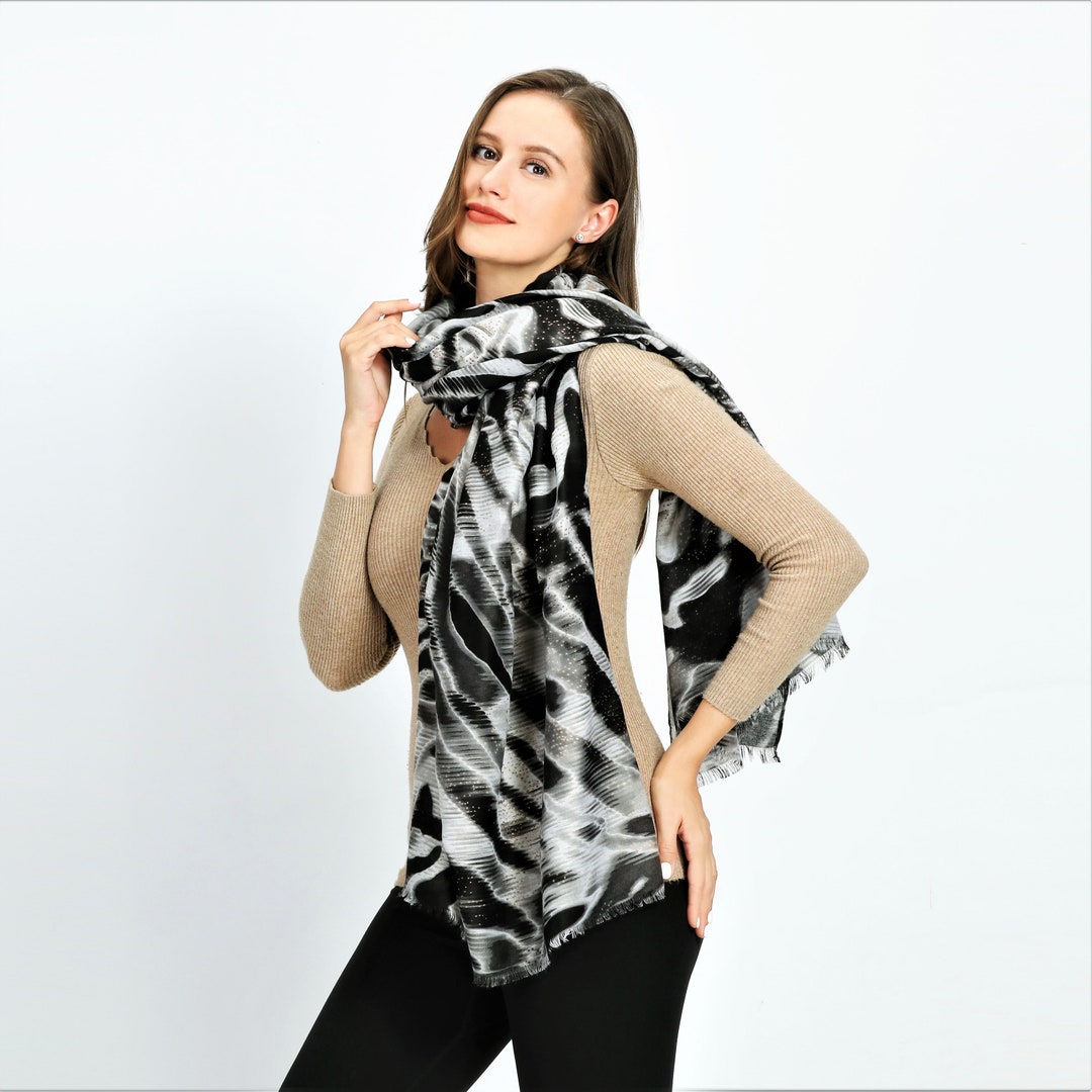 Zebra Stripe Printed Thick Cotton Scarf, Abstract Pattern Scarf, Multi ...