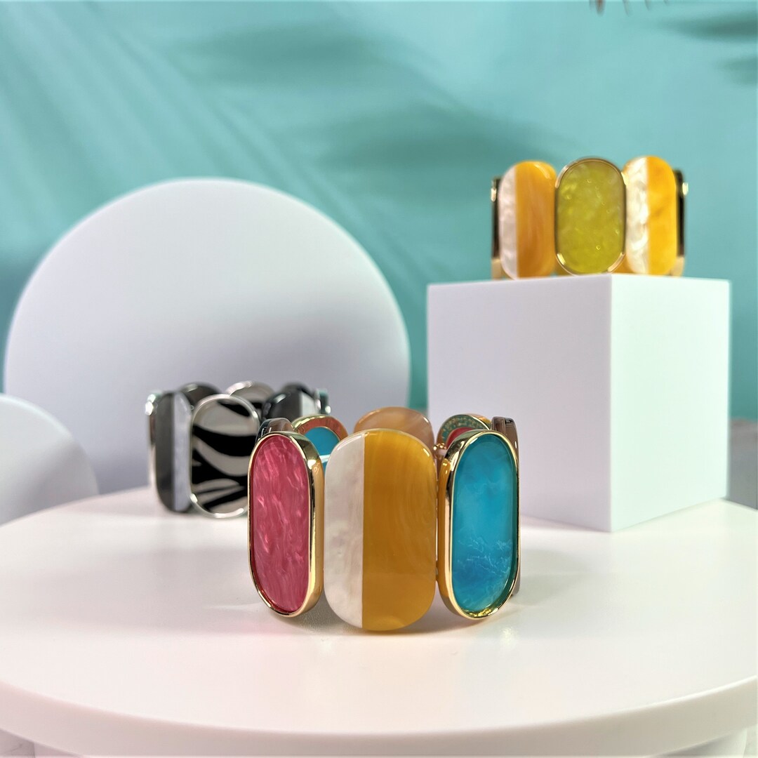 Elastic Chunky Acrylic Bracelet, Multi Color Beaded Statement Bracelet ...