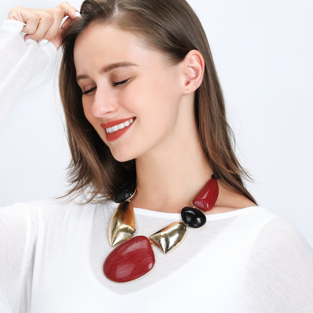 Red and Gold Stone Shape Big Bold Chunky Necklace Statement Necklace ...