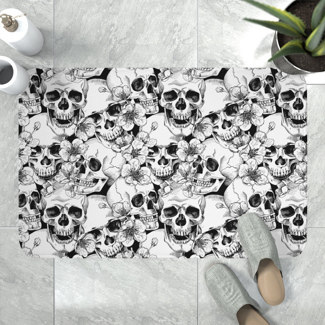 Skulls and Flowers Memory Foam Bath Mat Halloween Bathroom Bathroom ...