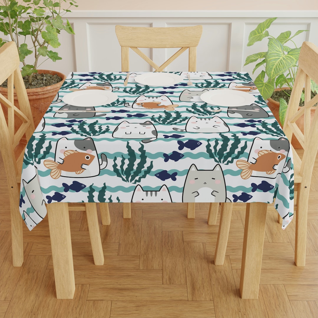 Kawaii Cats and Fishes Tablecloth Kitchen and Dining Tablecloth Decor ...