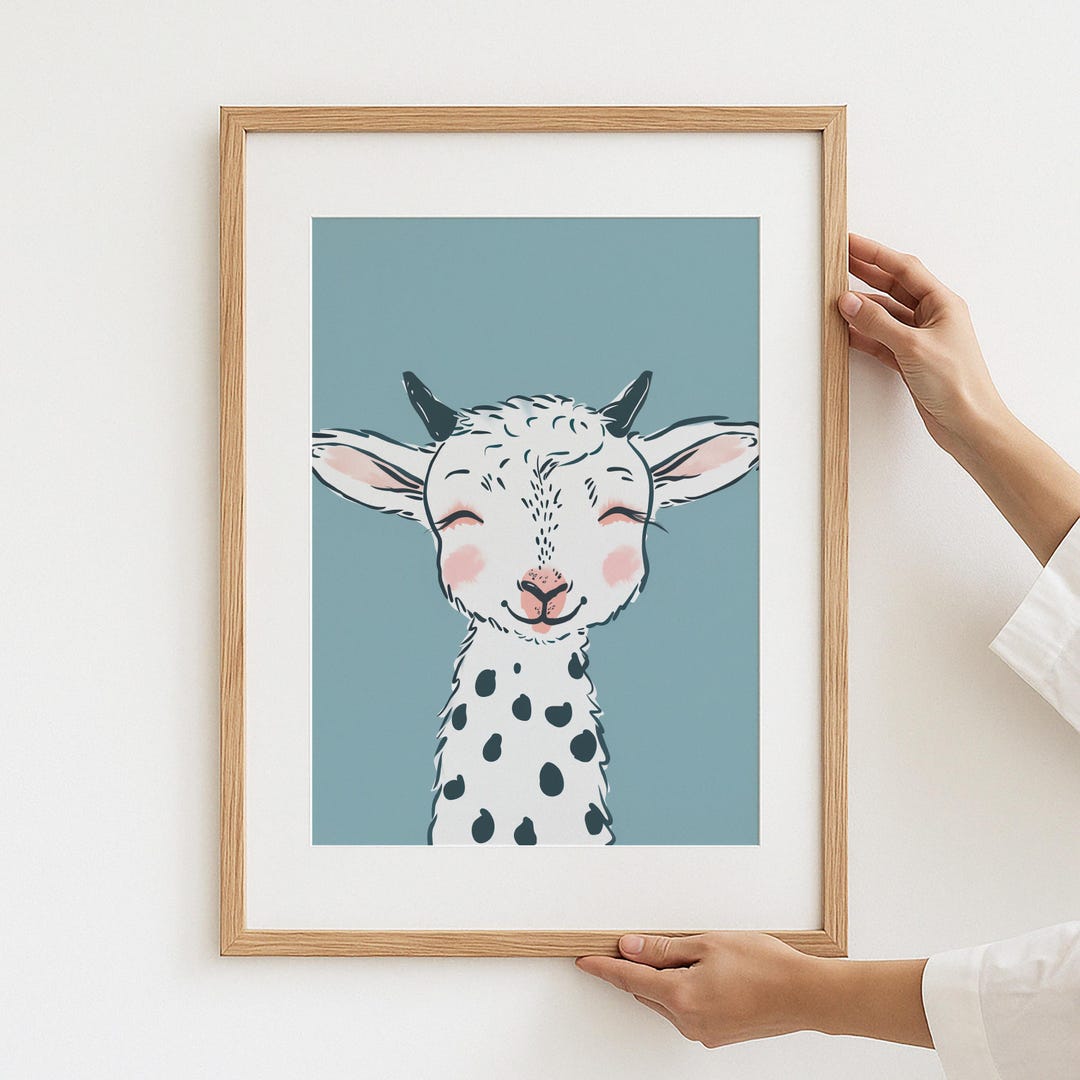 Cute Goat Poster, Smiling Goat Art Print, Nursery Wall Decor, Farm ...