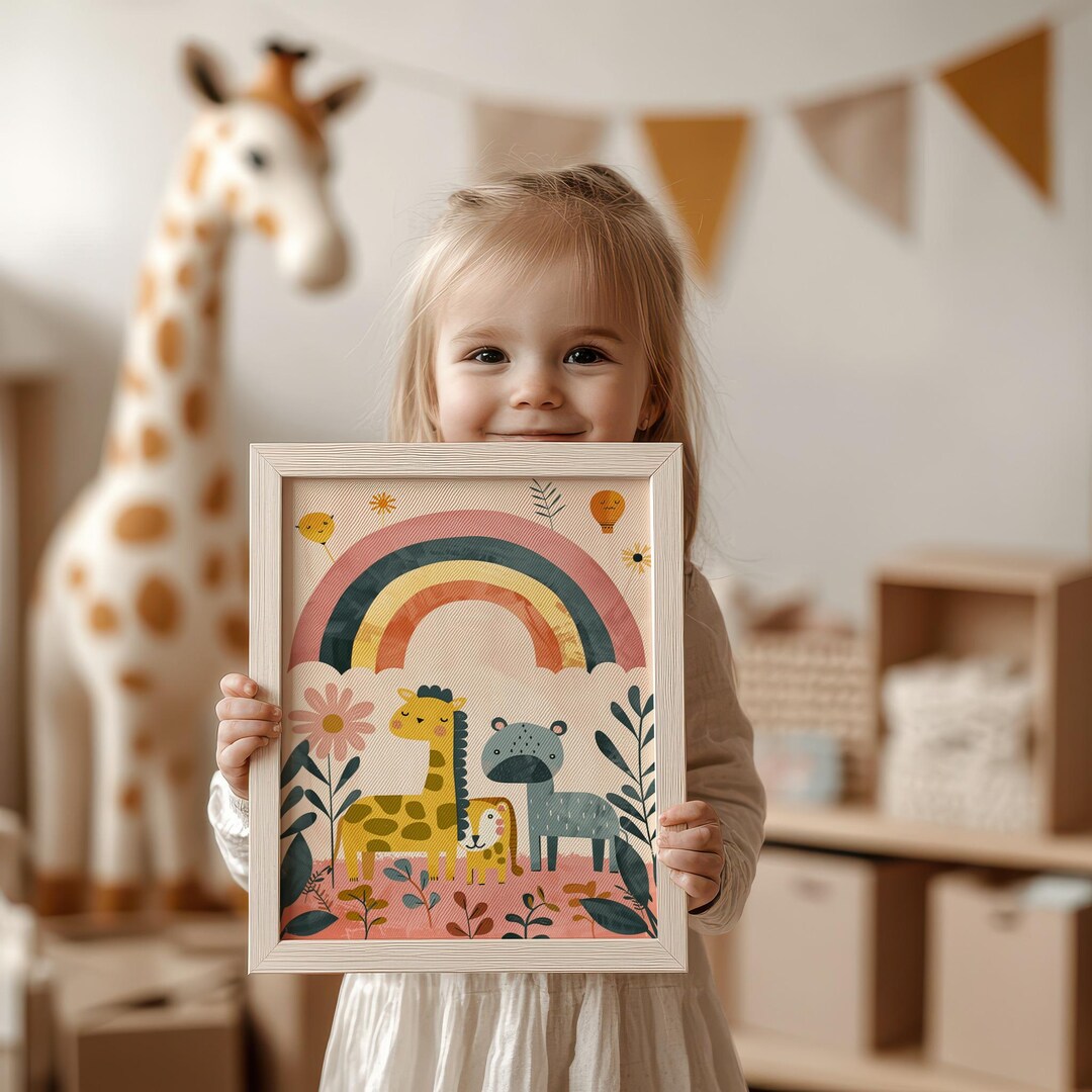 Rainbow Animal Friends Poster, Cute Giraffe Lion Bear Wall Art, Nursery ...