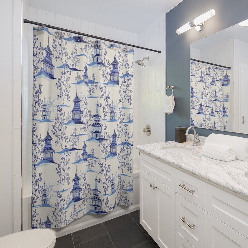 Chinoiserie Vintage Chinese Pagodas Shower Curtain Blue and White ...