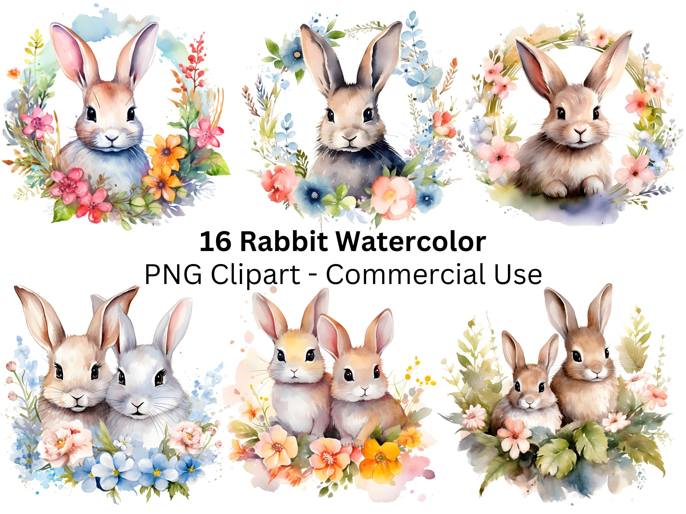 Rabbit Bunnies Watercolor Clipart - PNG - Commercial Use - Etsy