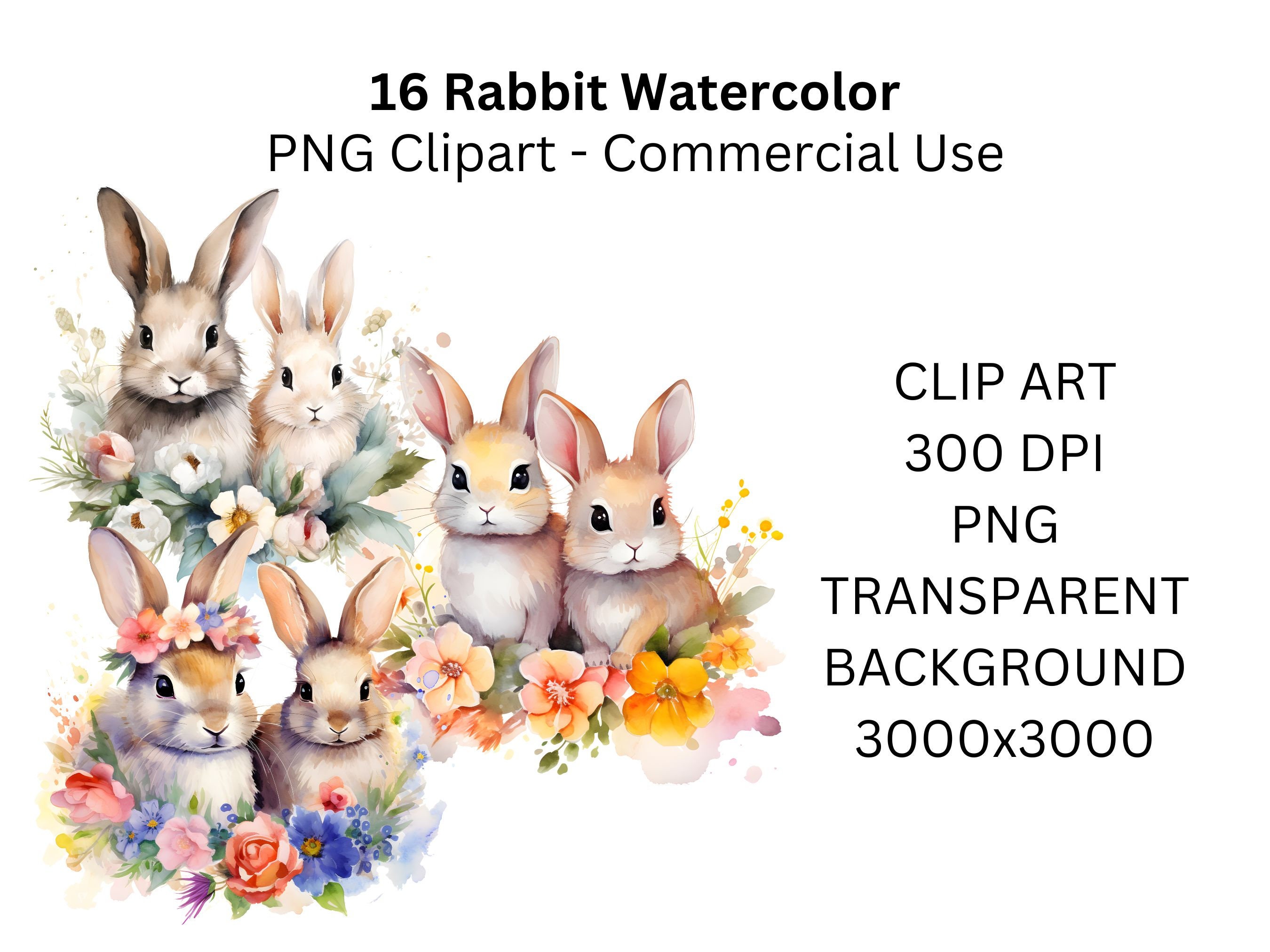 Rabbit Bunnies Watercolor Clipart - PNG - Commercial Use - Etsy
