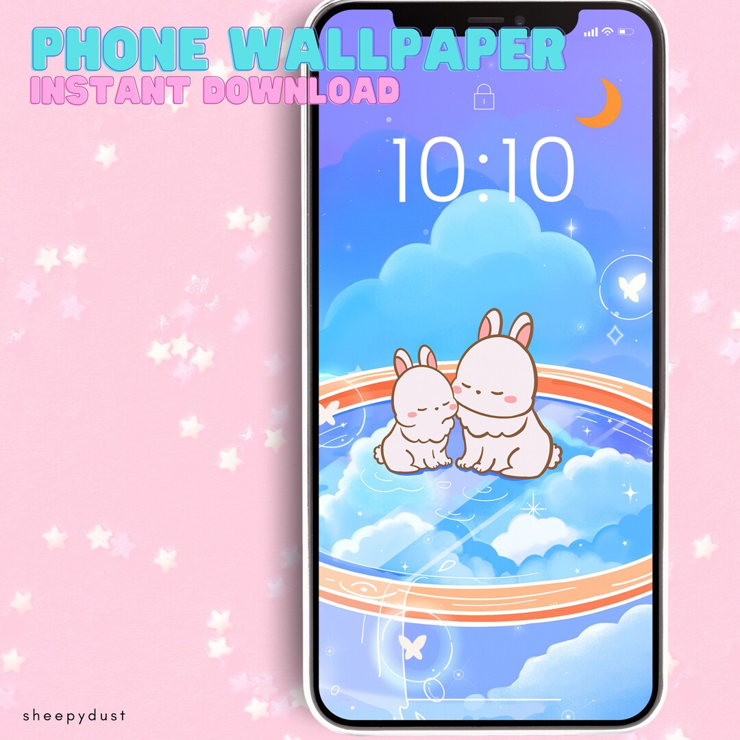 Starry Sky Bunnies Phone Wall Paper Digital Download, Kawaii Night Sky ...