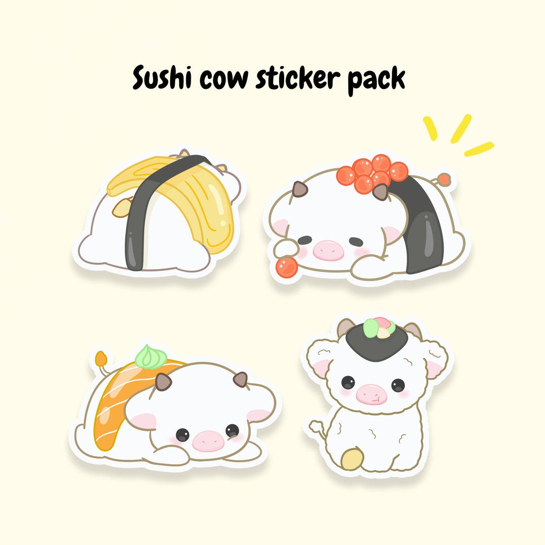 Kawaii Sushi Cow Sticker Pack, Cute Sushi Cow Stickers, Cow Sticker ...