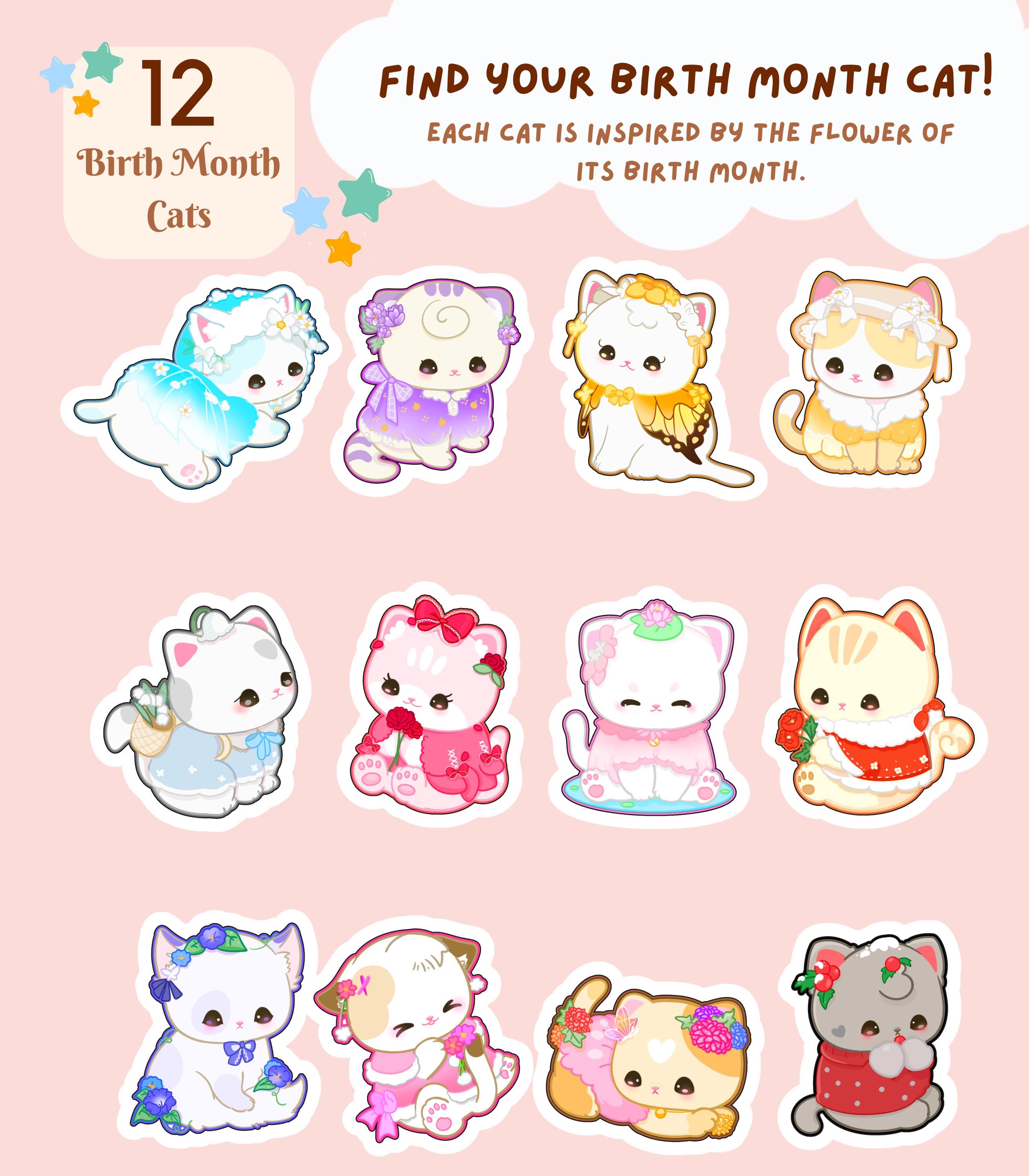 12 Flower Birth Month Cats Stickers, Zodiac Cute Stickers, Cat Lover ...