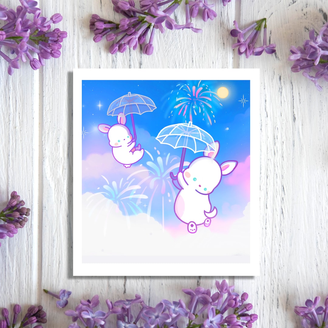 Firework Sky Bunny Mini Art Print, Cute Aesthetic Sky Art Print, Kawaii ...