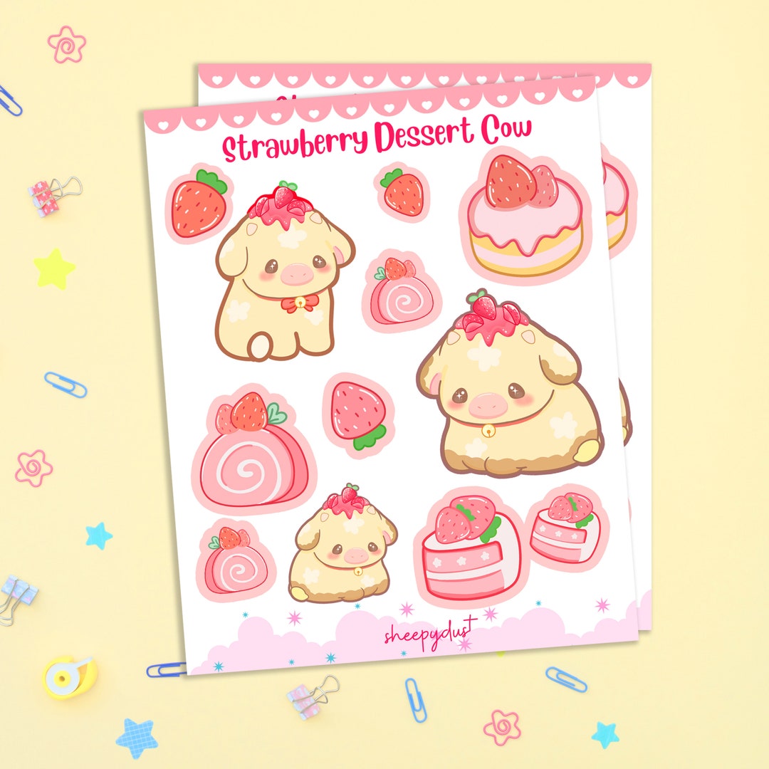 Strawberry Dessert Cow Sticker Sheet, Holographic Strawberry Cow ...