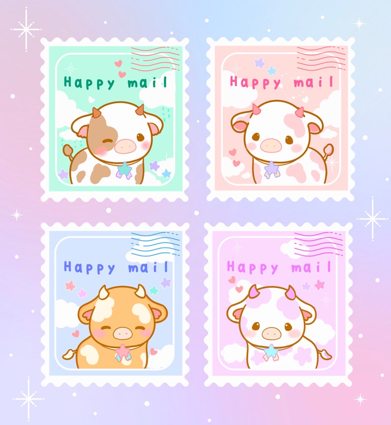 Star Cow Stamp Mail Sticker Sheet, Cute Star Cow Sticker Sheet, Kawaii ...