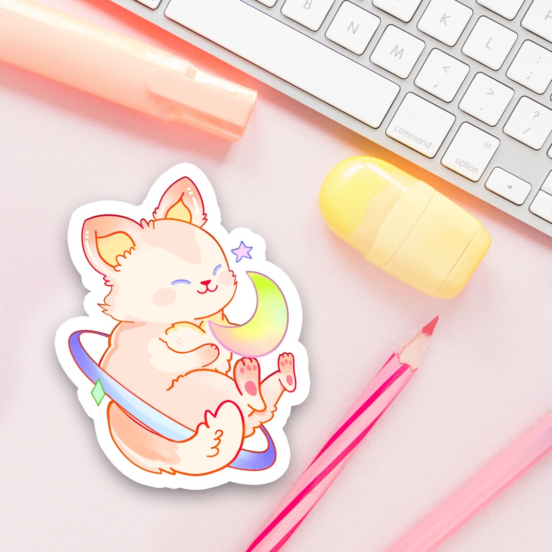 Cat Moon Star Sticker, Cute Glossy Vinyl Cat Die Cut Sticker, Kawaii ...