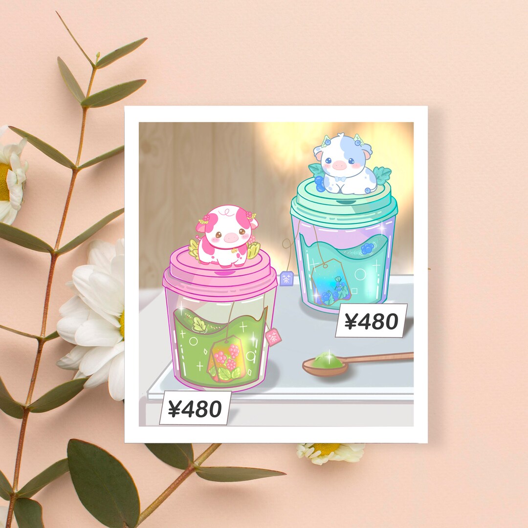 Cute Tea Cow Mini Art Print Kawaii Cow Digital Illustration - Etsy