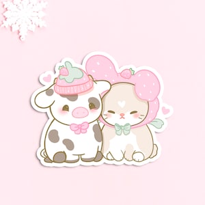 Cute Strawberry Cow and Bunny Sticker, Vinyl Die Cut Sticker, Cute ...