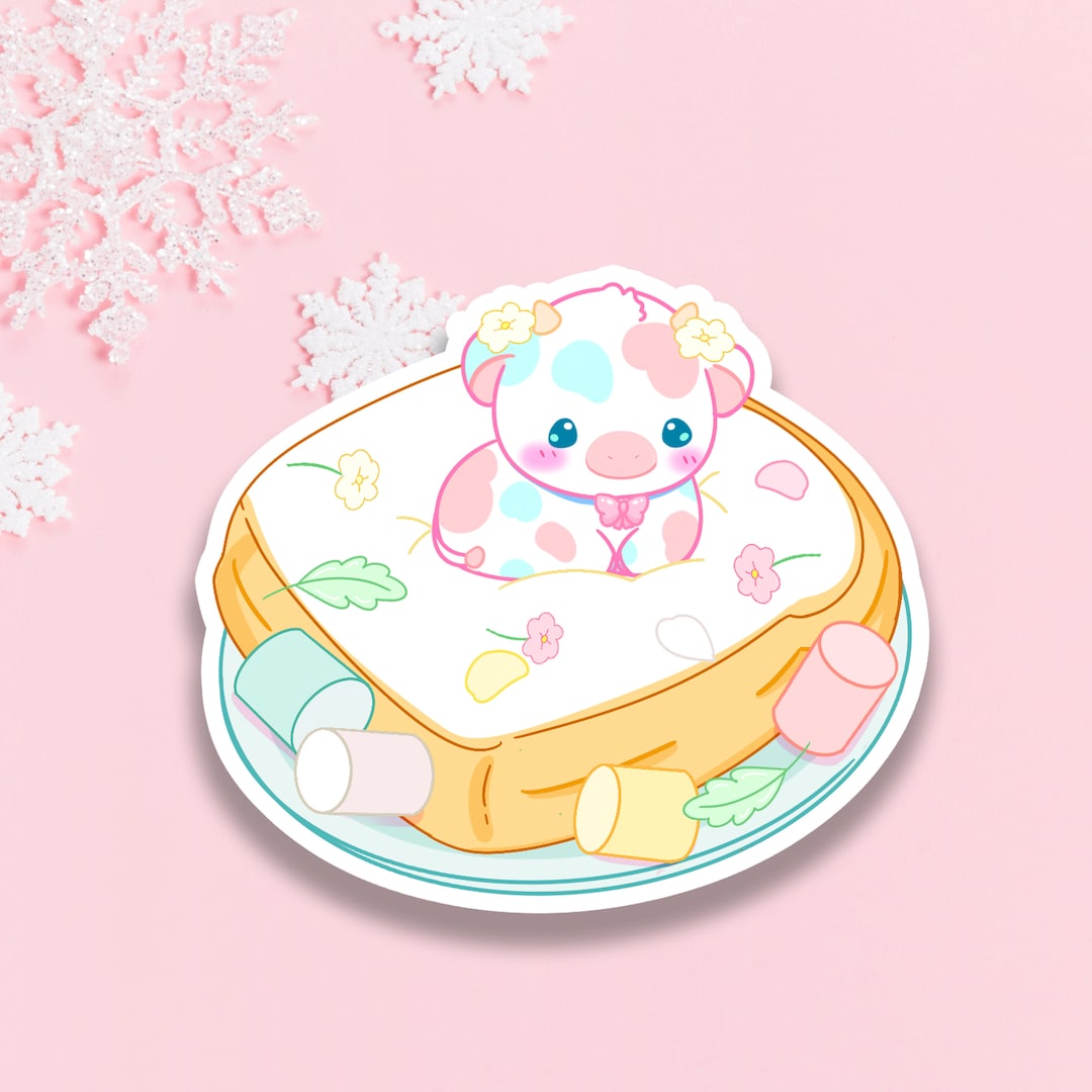 Cute Toast Cow Sticker, Marshmallow Cow Sticker, Kawaii Cow Water ...