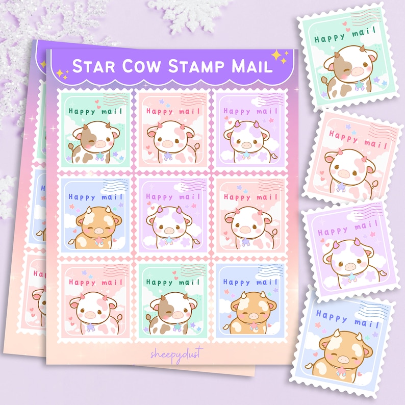Star Cow Stamp Mail Sticker Sheet, Cute Star Cow Sticker Sheet, Kawaii ...