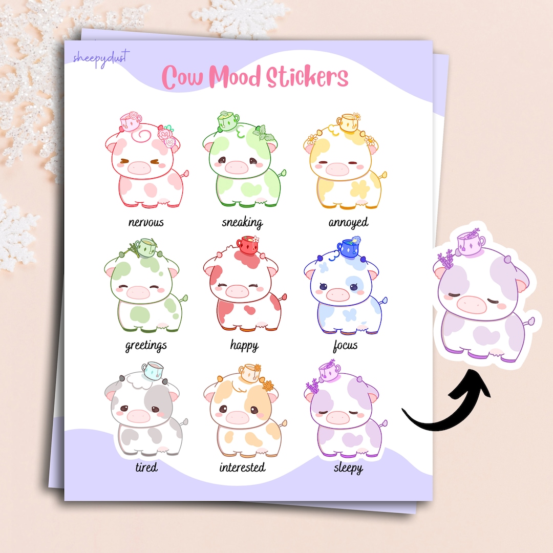 Cute Cow Mood Sticker Sheet, Cow Emotion Reaction, Cow Decorative ...