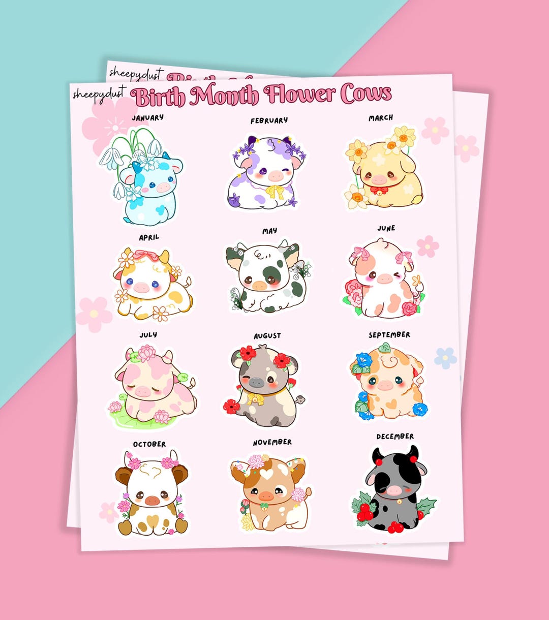 Flower Month Cows Sticker Sheet, 12 Birth Month Cow Stickers, Cute ...