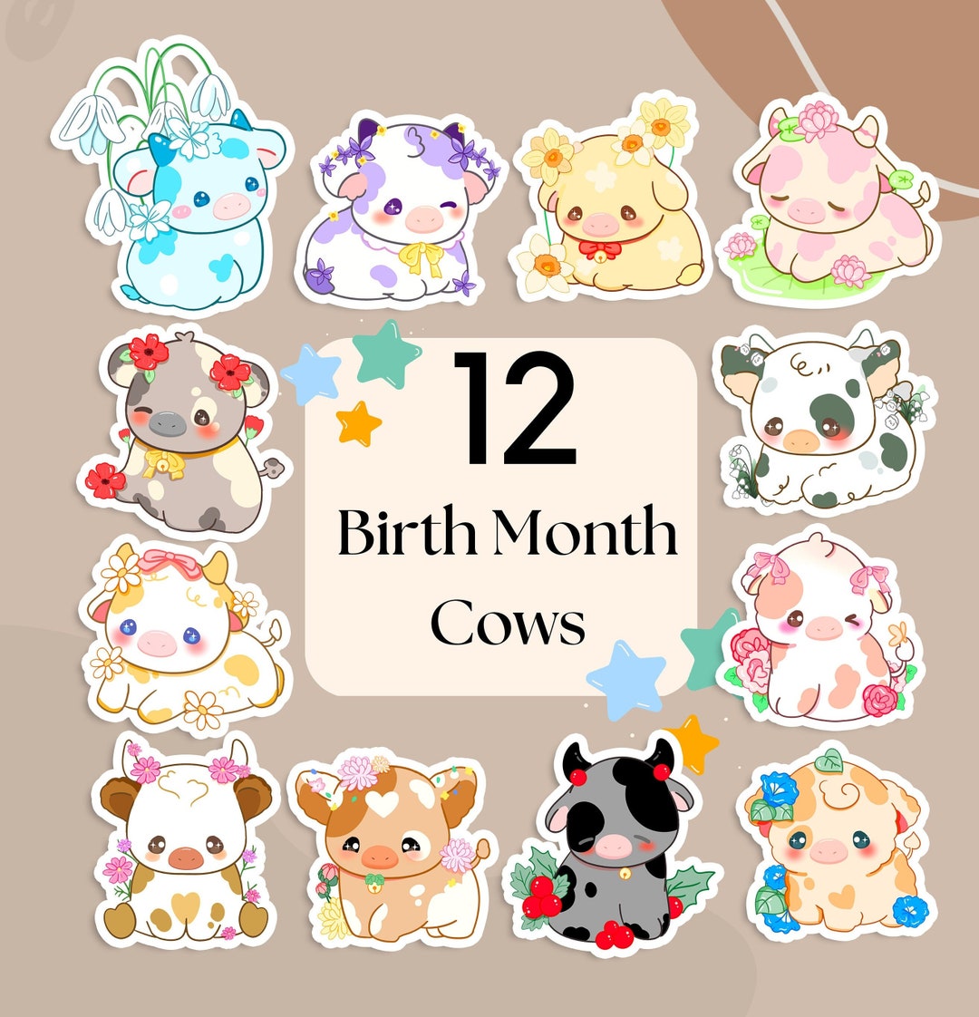 12 Birth Month Cow Stickers, Cute Cow Stickers, Waterproof Water Bottle ...