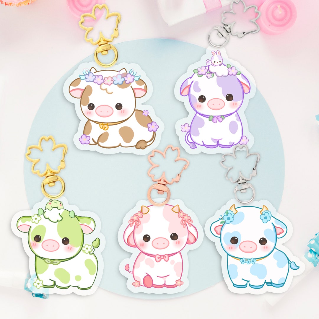 Flower Cow Acrylic Keychain, Kawaii Cow Keychain, Blue Cow Keychain ...