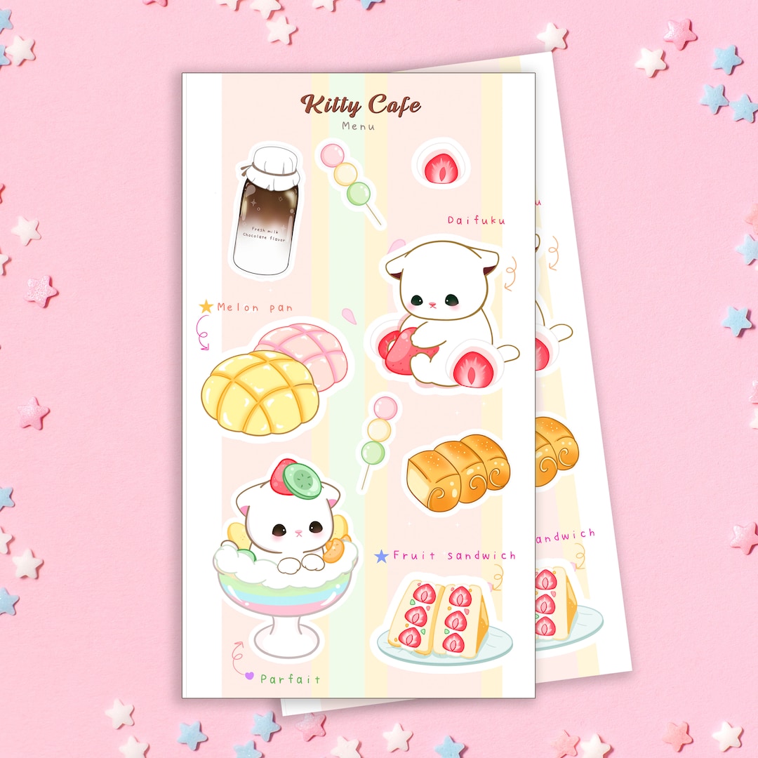 Cute Kitty Cafe Sticker Sheets, Kawaii Cat Sticker Sheets, Dessert ...