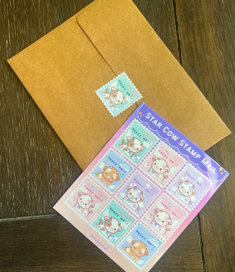 Star Cow Stamp Mail Sticker Sheet, Cute Star Cow Sticker Sheet, Kawaii ...