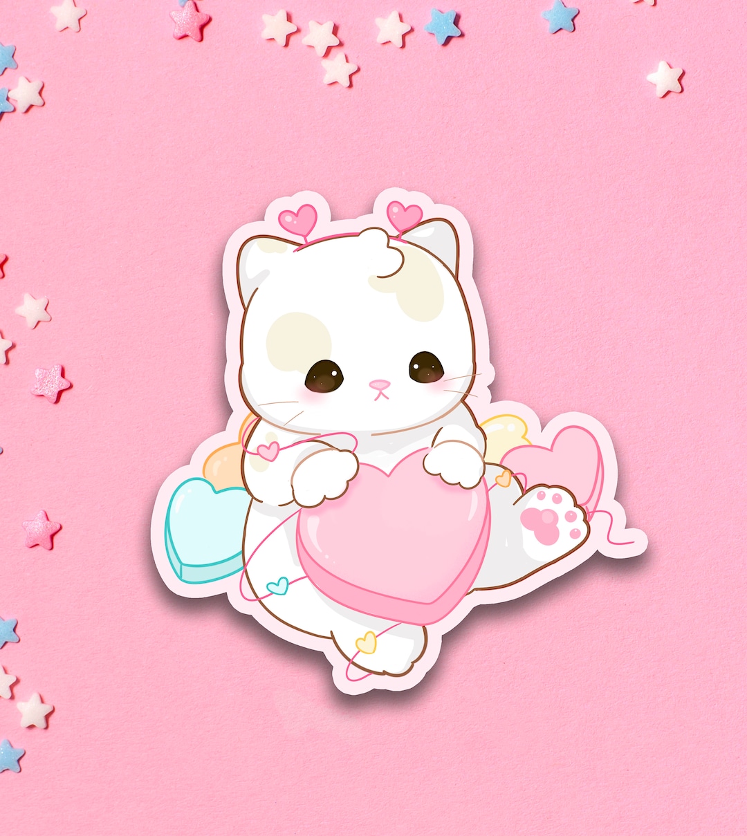 Cute Heart Candy Cat Sticker, Cute Kitty Die Cut Sticker, Cat Lover ...