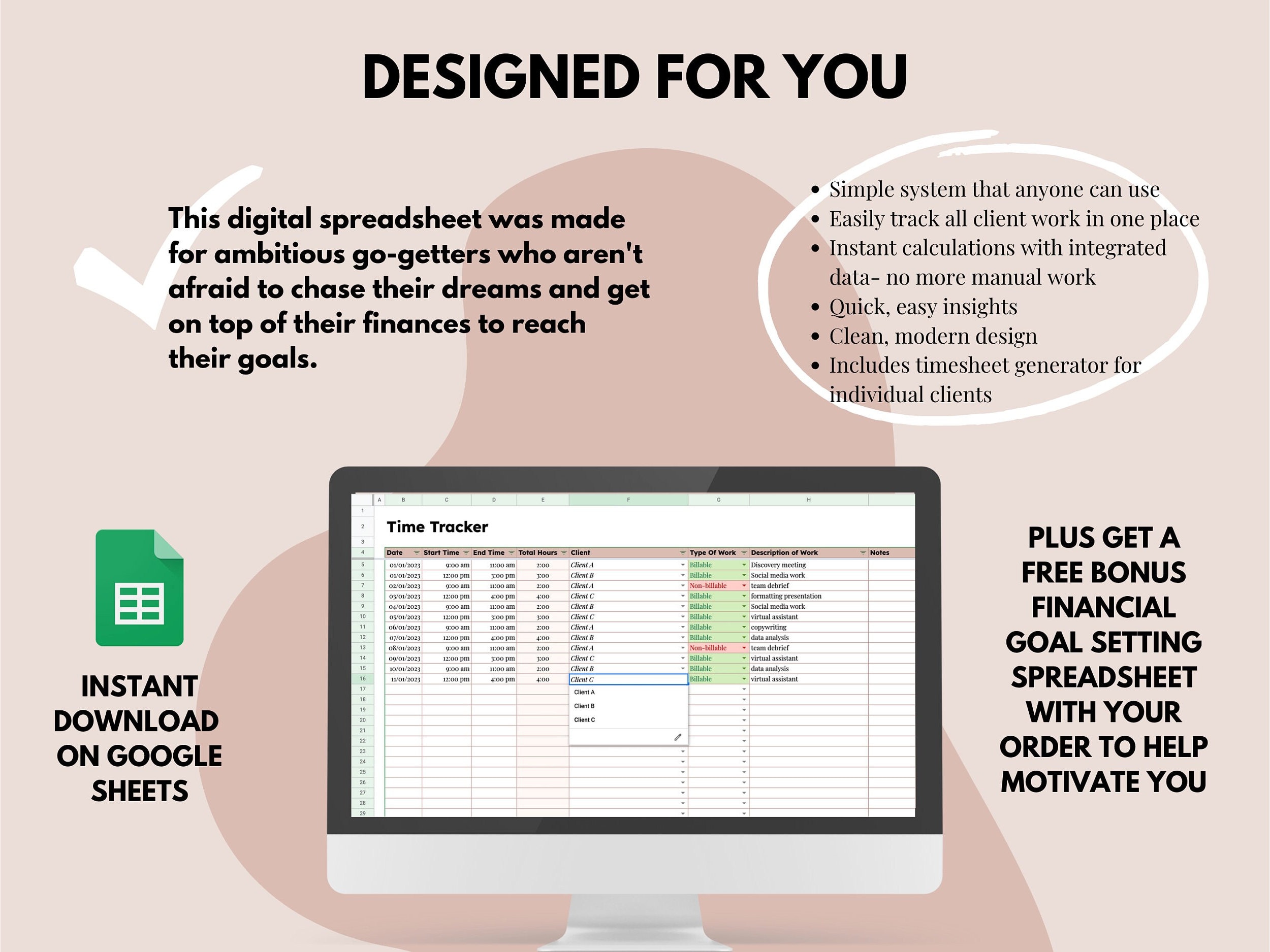 Time Tracker Spreadsheet Template for Google Sheets | Freelancer ...