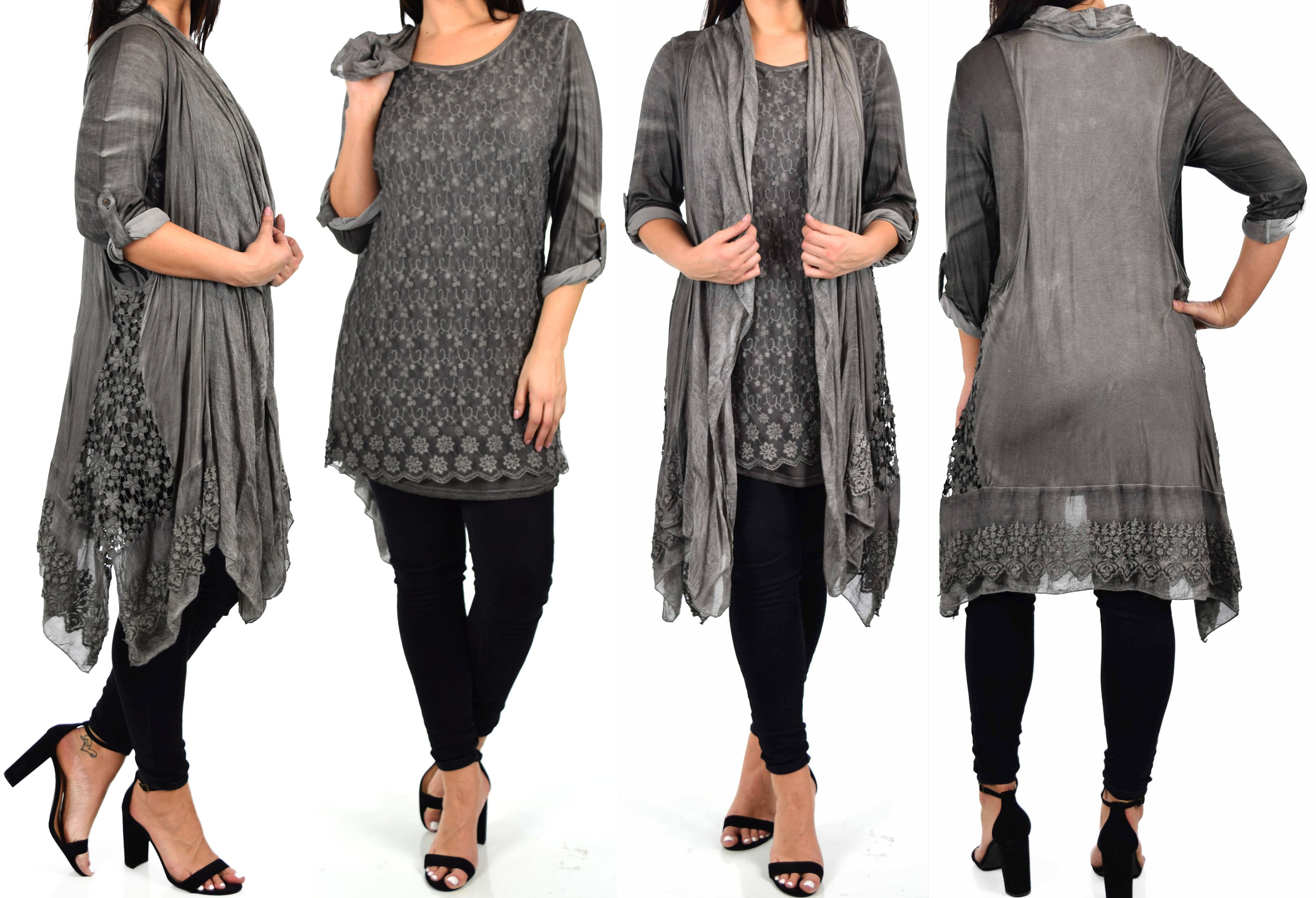 Women Plus Size 2 Piece Tunic Duster Set, Embroidered Netter Lace Tunic ...