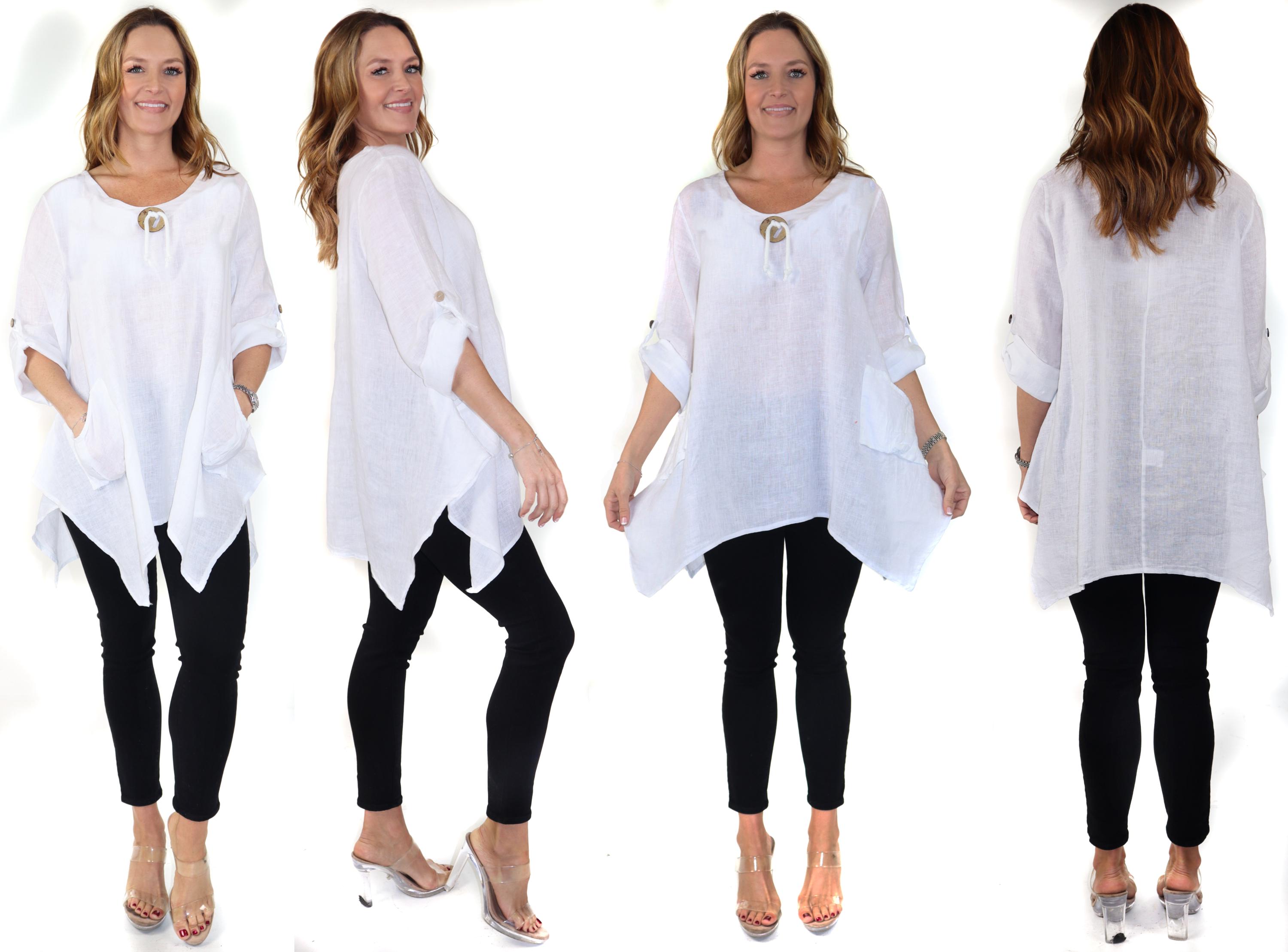 Womens Linen Relaxed Fit Oversized Tunic Blouse Top With Front Pockets ...
