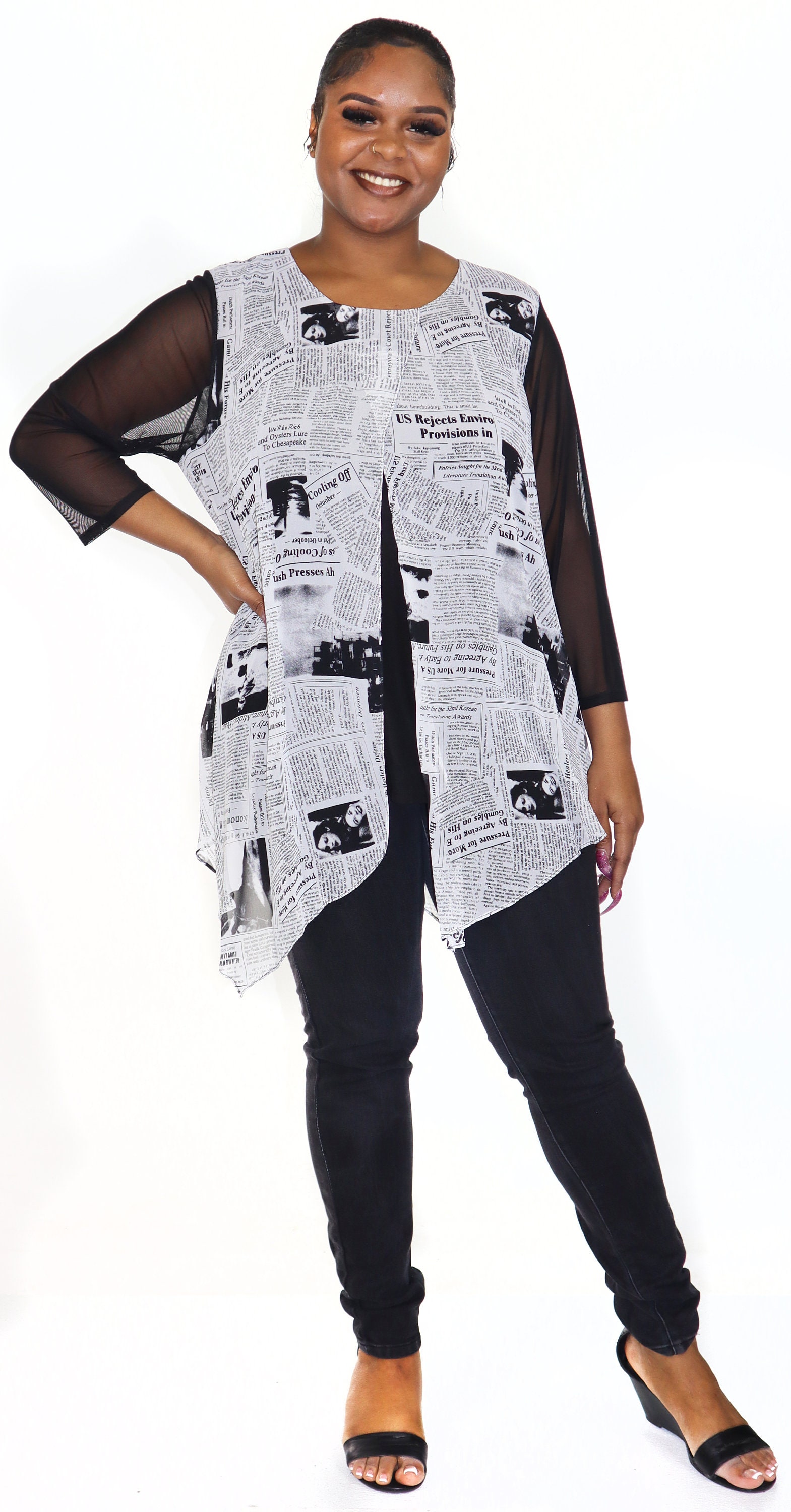 Women Plus Size Newspaper Print Tunic Blouse Top With - Etsy