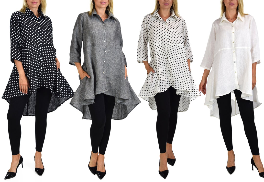 Women Linen High Low Button Down A Line Swing Dress Shirt Top | Reg and ...